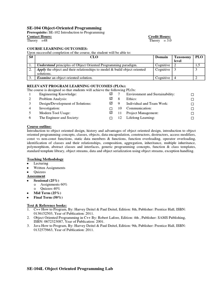 SE-104 Object-Oriented Programming: Apply The Object and Their Relationships To Model & Build ...