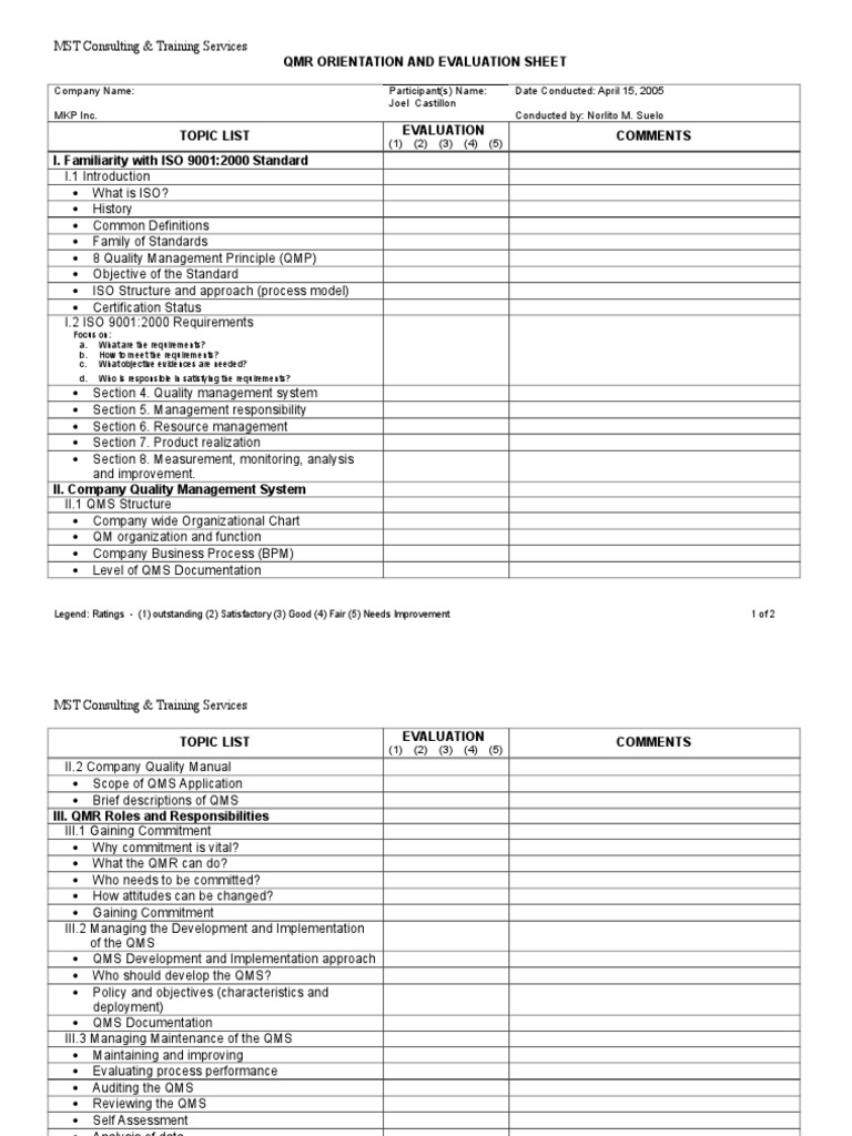 QMR Orientation and Evaluation Sheet | PDF | Quality Management System ...