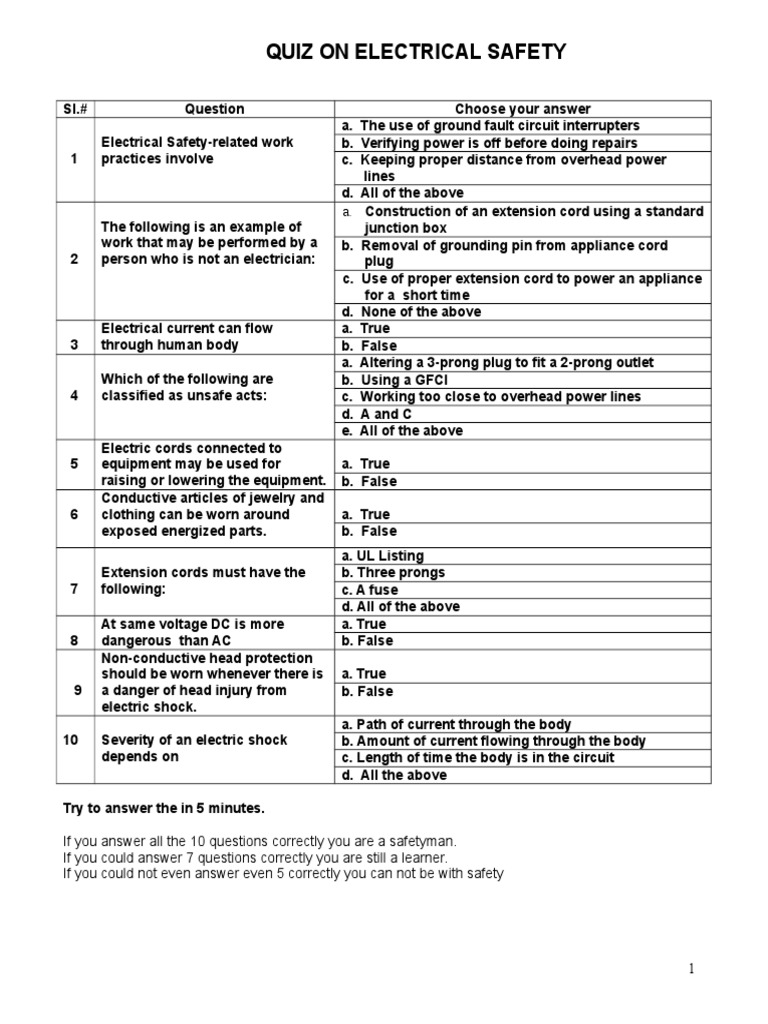 Electrical Safety Quiz | PDF | Power Engineering | Electrical Components