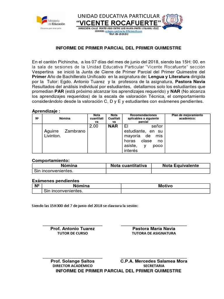 Informe de Primer Parcial Del Primer Quimestre VR Ok | Descargar gratis ...