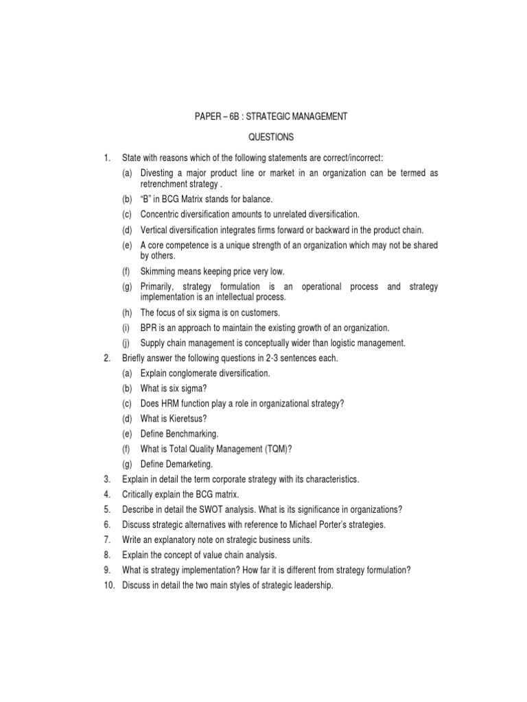 SBM Sample Questions | PDF | Transformational Leadership | Strategic ...