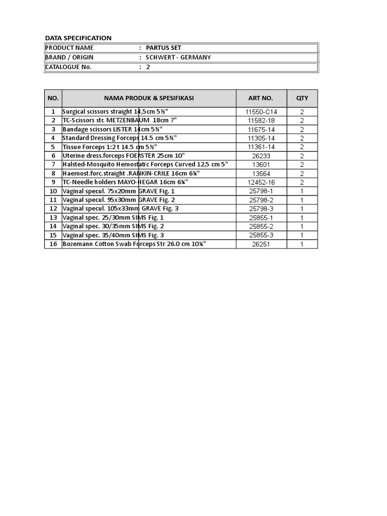 Partus Set Spesifikasi | PDF | Medical Equipment