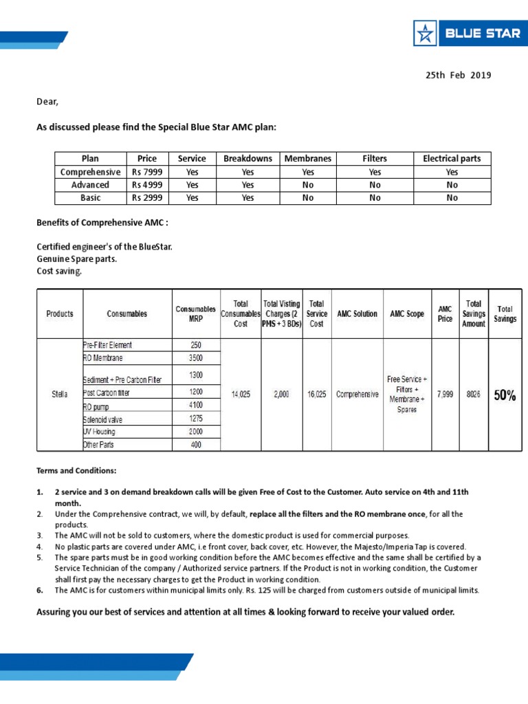 As Discussed Please Find The Special Blue Star AMC Plan:: 25th Feb 2019 ...