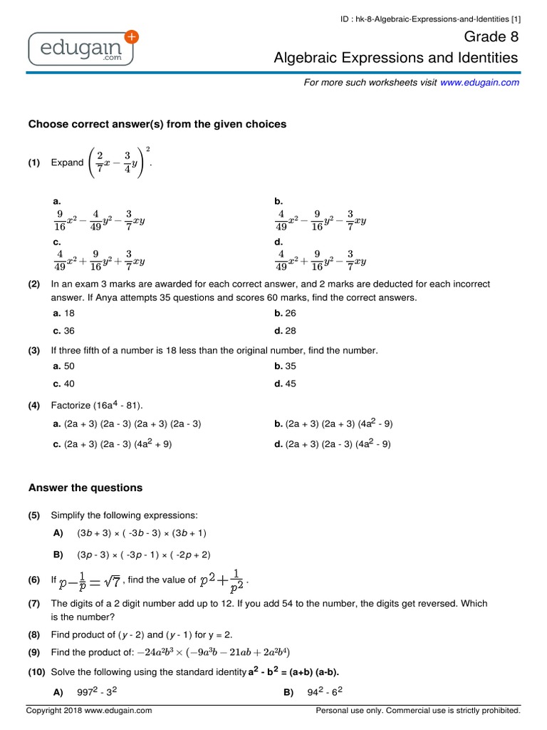 Grade 8 Algebraic Expressions and Identities HK | PDF | Algebra ...