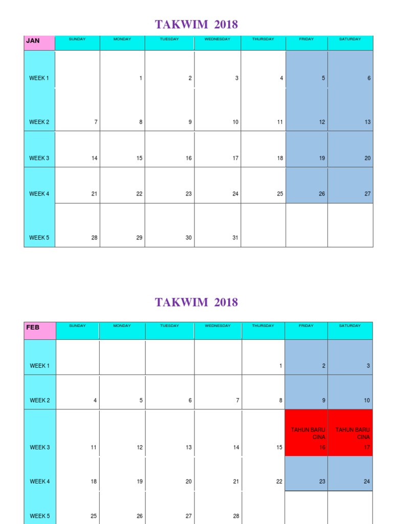Takwim 2018 Calendar Overview | PDF