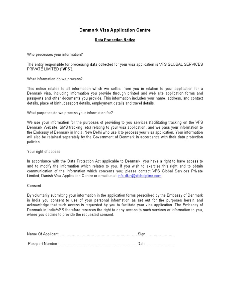Denmark Visa Application Centre: Data Protection Notice | PDF
