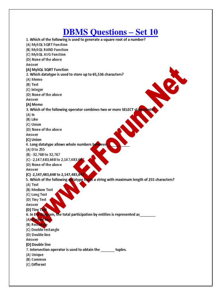 Dbms Questions - Set 10: (A) Mysql SQRT Function | PDF | Computers