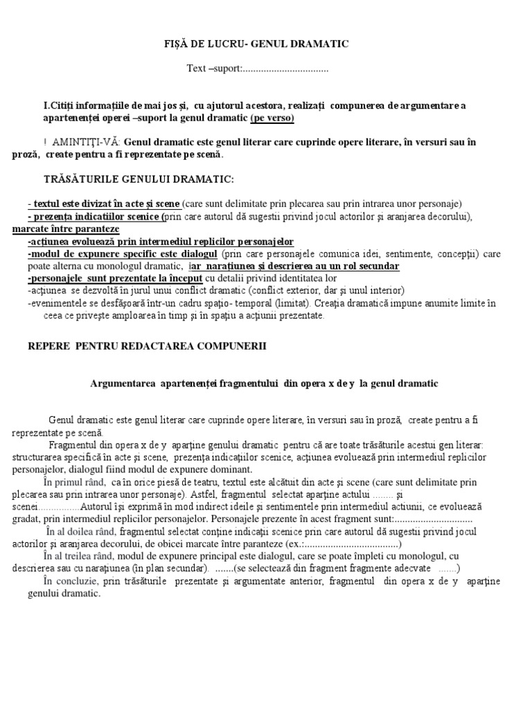 Fisa de Lucru Genul Dramatic | PDF