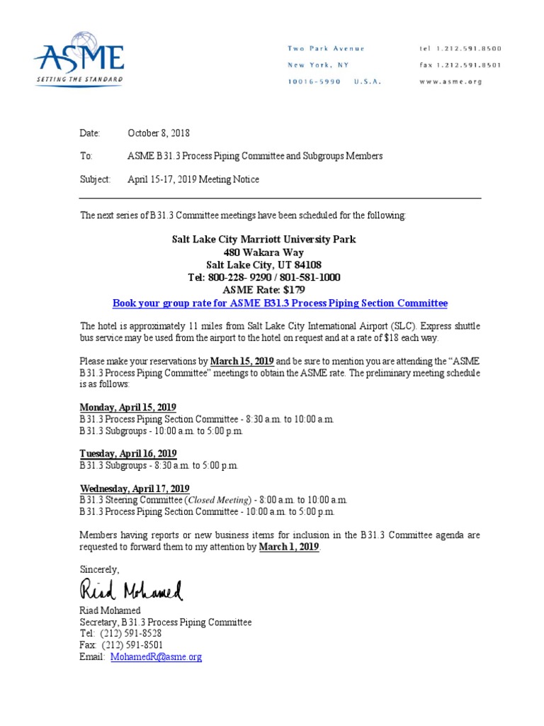 April 15-17, 2019 Meeting Notice for ASME B31.3 Process Piping ...