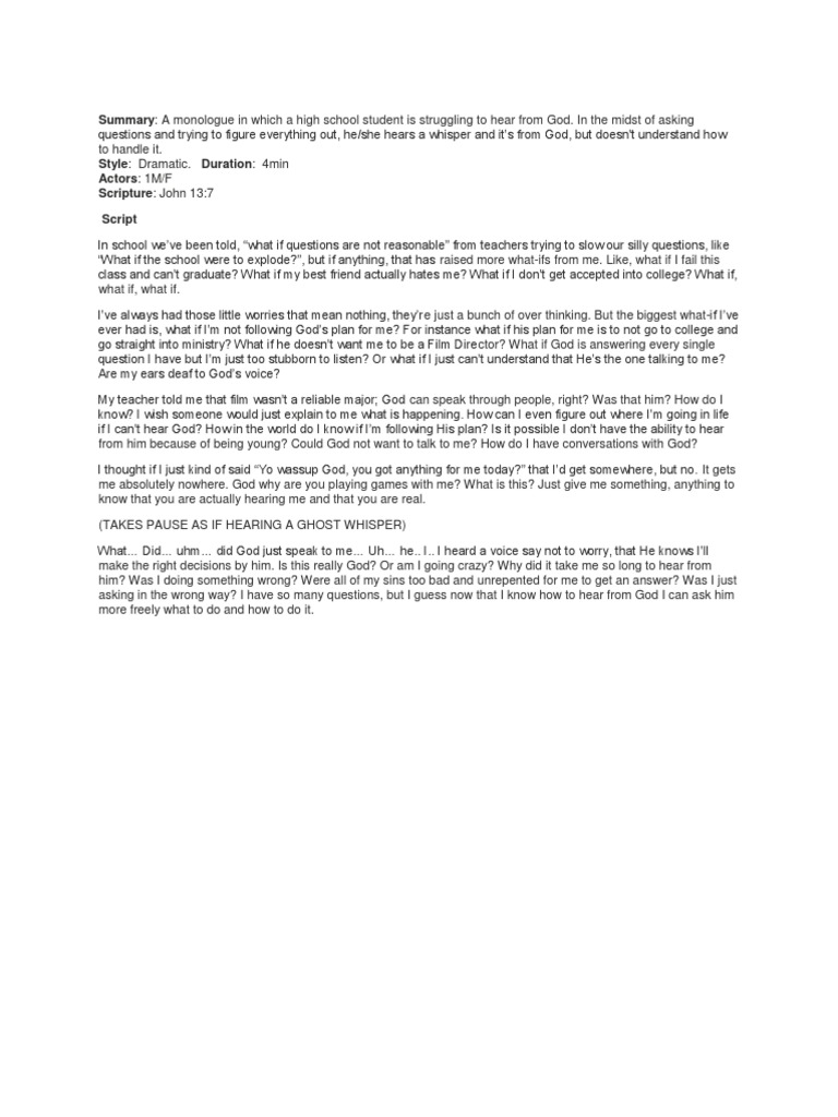 Summary: A Monologue in Which A High School Student Is Struggling To ...