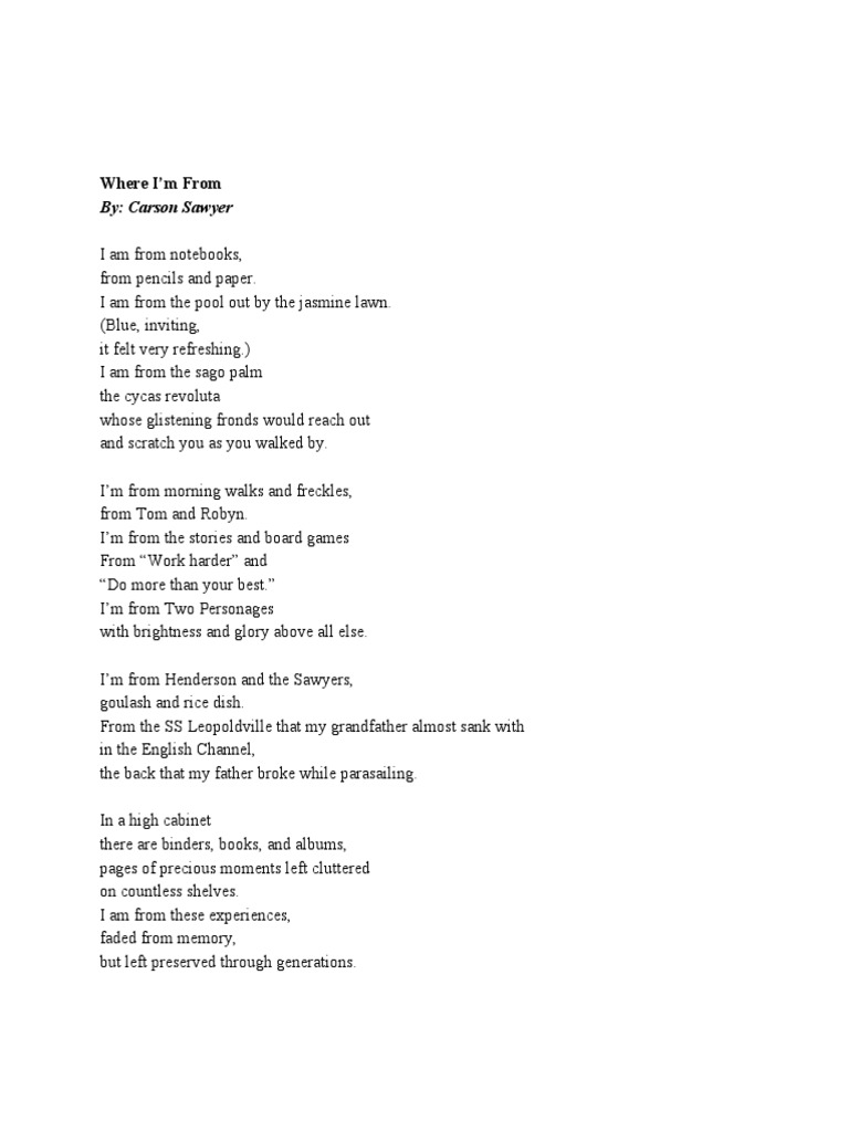 Where I'm From Poem - Sawyer | PDF