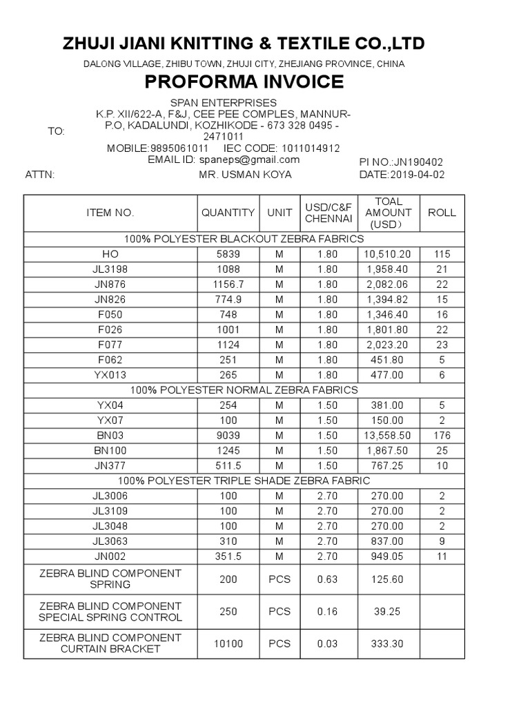 Proforma Invoice: Zhuji Jiani Knitting & Textile Co.,Ltd | PDF ...
