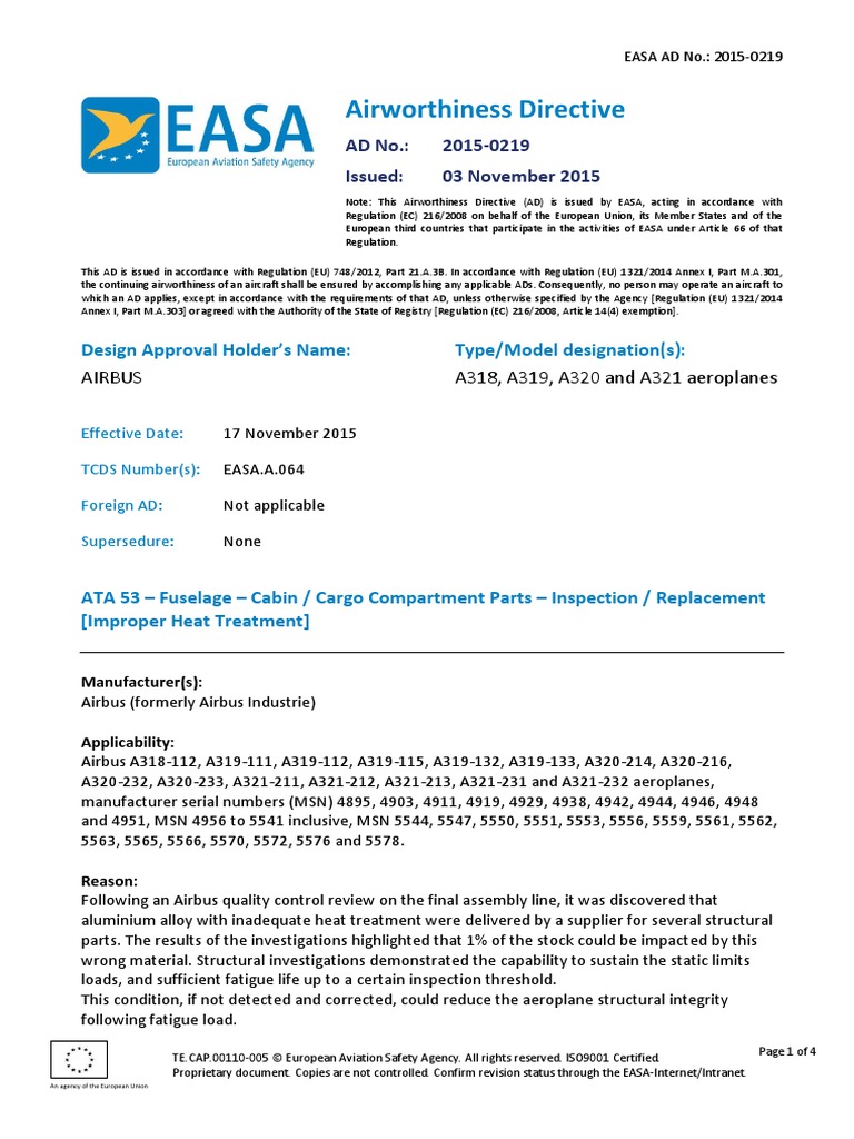 Airworthiness Directive: Design Approval Holder's Name: Type/Model ...