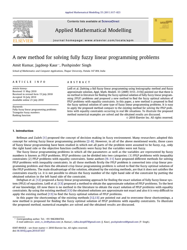 A New Method For Solving Fully Fuzzy Linear Programming Problems Pdf Mathematical