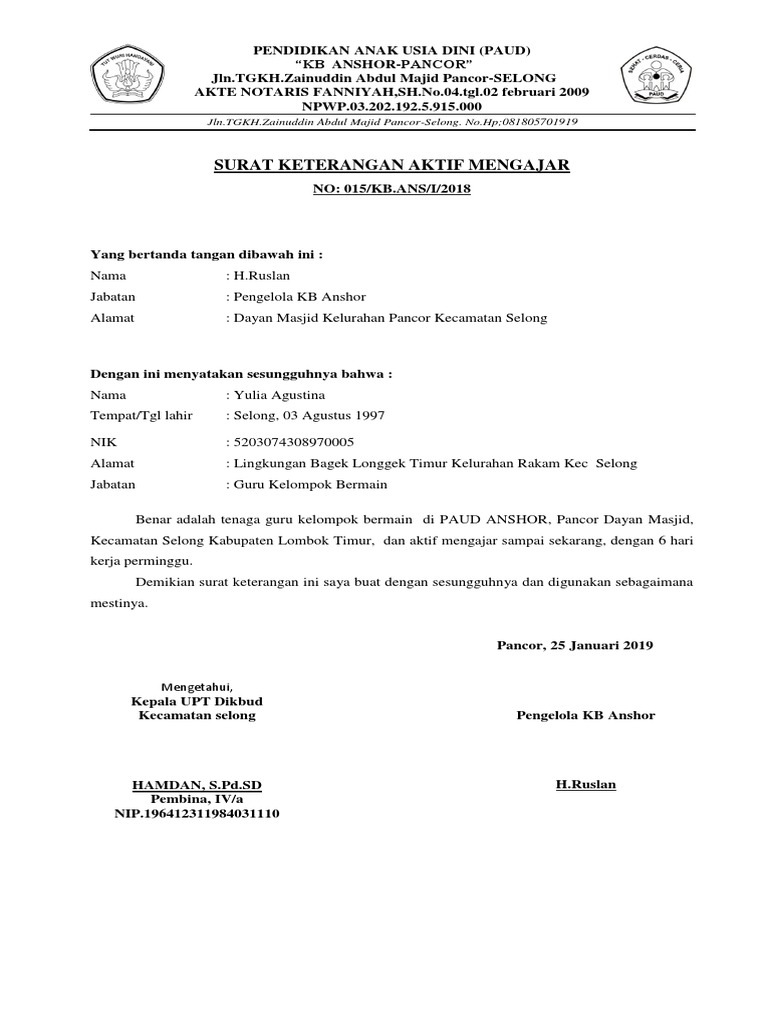 Contoh Surat Keterangan Aktif Mengajar Guru Lampung Utara - Riset Contoh Surat Keterangan Aktif Mengajar Guru Lampung Utara - Riset