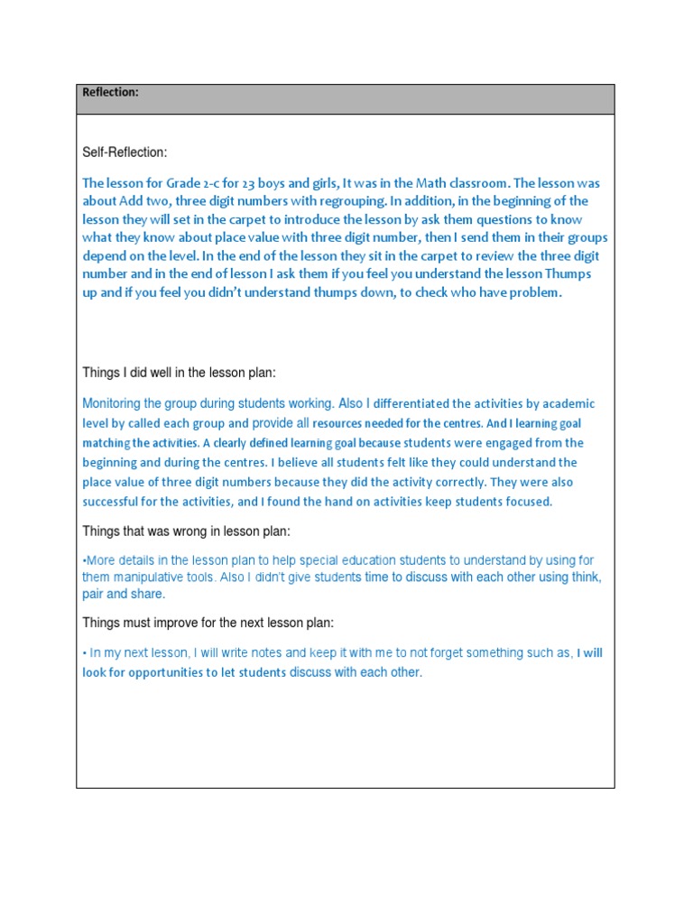Reflection Place Value | PDF | Lesson Plan | Special Education