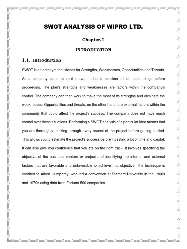 Swot Analysis of Wipro LTD.: Chapter-1 | PDF | Swot Analysis | Strategic Management