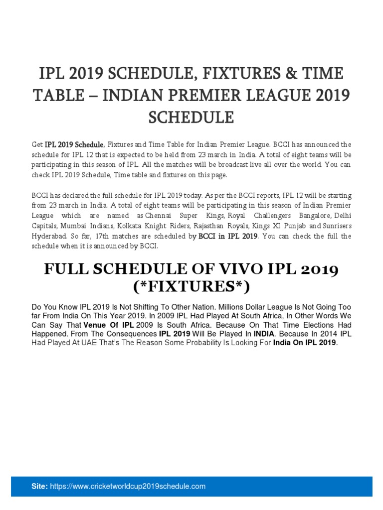IPL 2019 Schedule | PDF | Ball Games | Teams