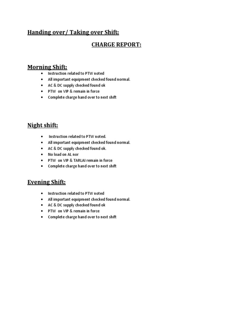 Handing Over/ Taking Over Shift: Charge Report | PDF | Transformer ...