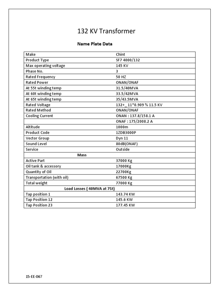 132 KV Transformer: Name Plate Data | PDF | Transformer | Electric Power
