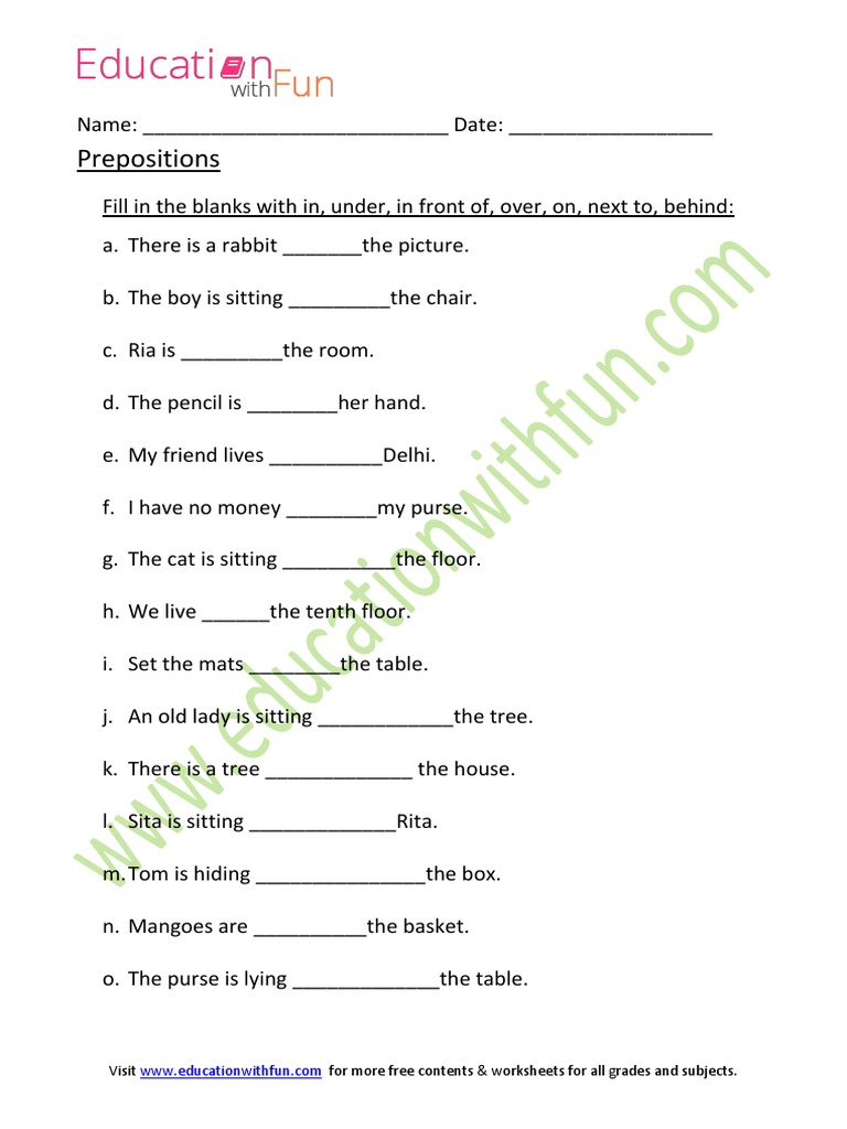 Preposition Worksheet 1 | PDF