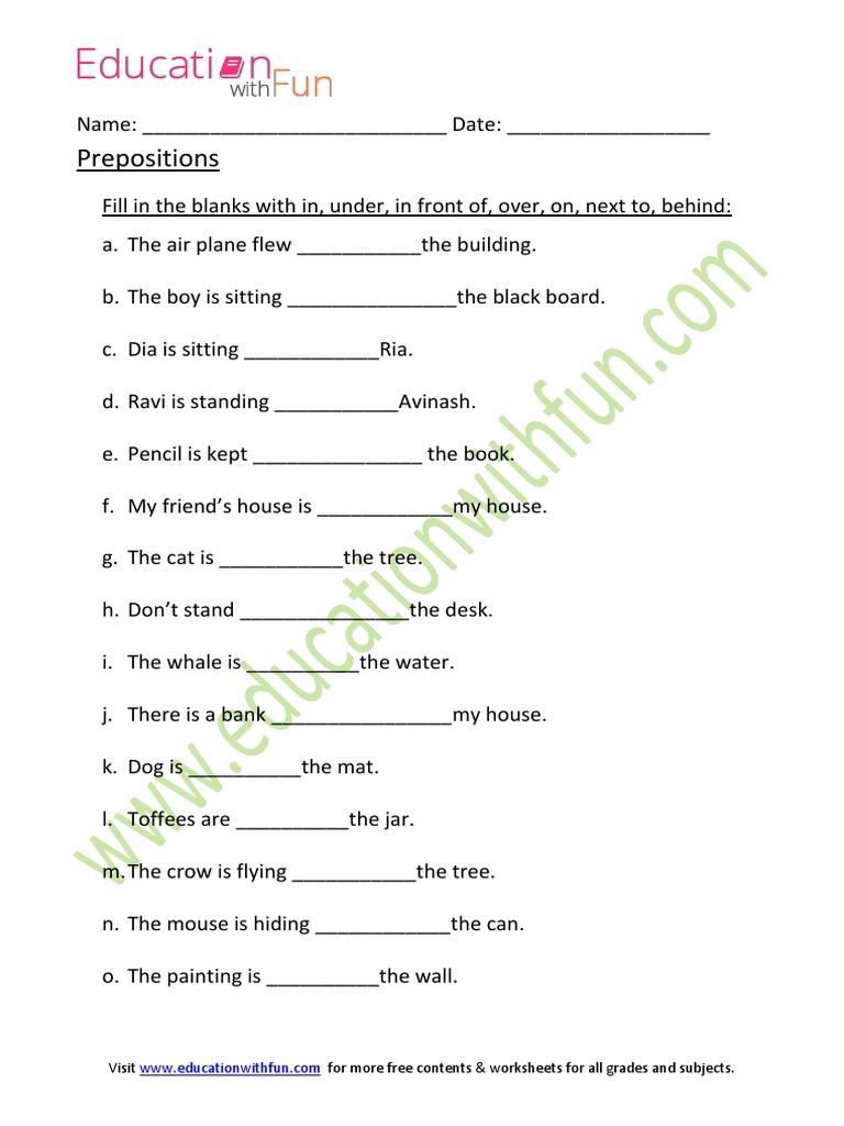 Preposition Worksheet 2 | PDF