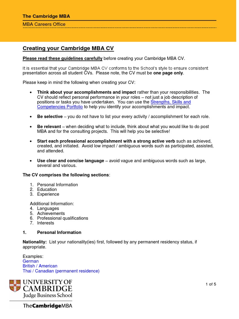 Cambridge MBA CV Guidelines 2017 PDF | PDF | Renminbi | Business