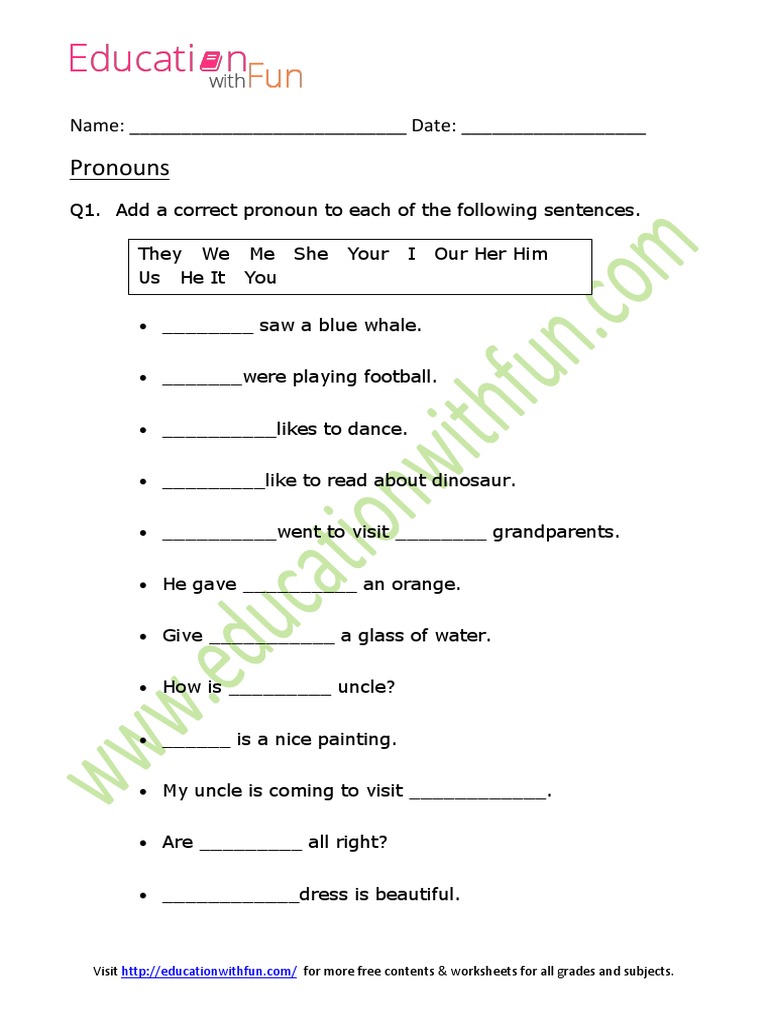 Pronoun Practice Worksheet for Kids | PDF | Language Arts & Discipline