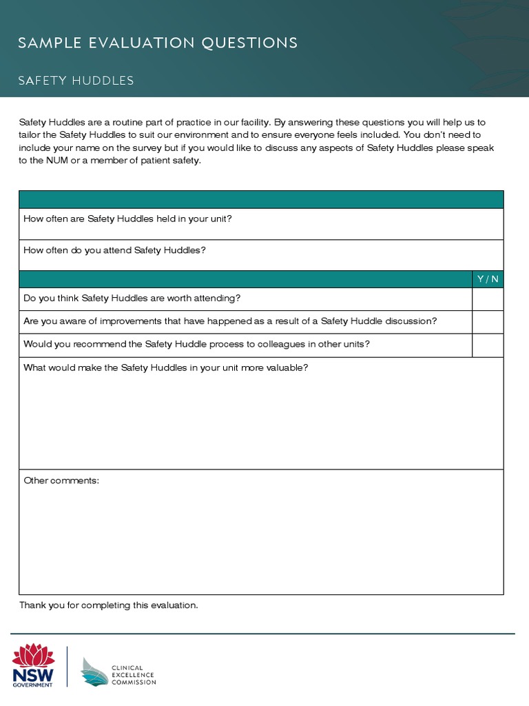 Sample Evaluation Questions: Safety Huddles | PDF