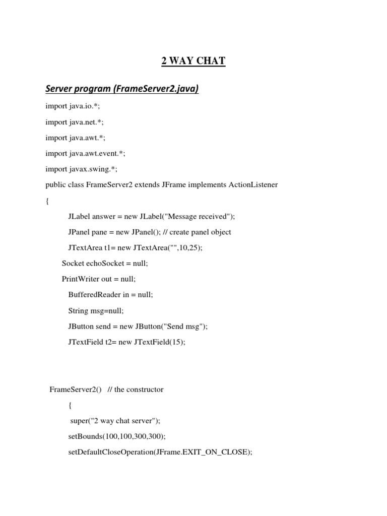 Server Program (Frameserver2.Java) : 2 Way Chat | PDF | Software | Internet Protocols
