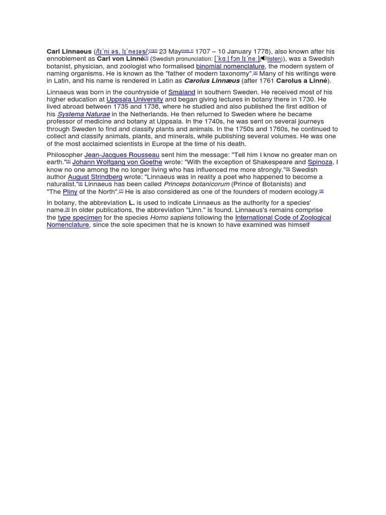 Carl Linnaeus, Father of Modern Taxonomy | PDF