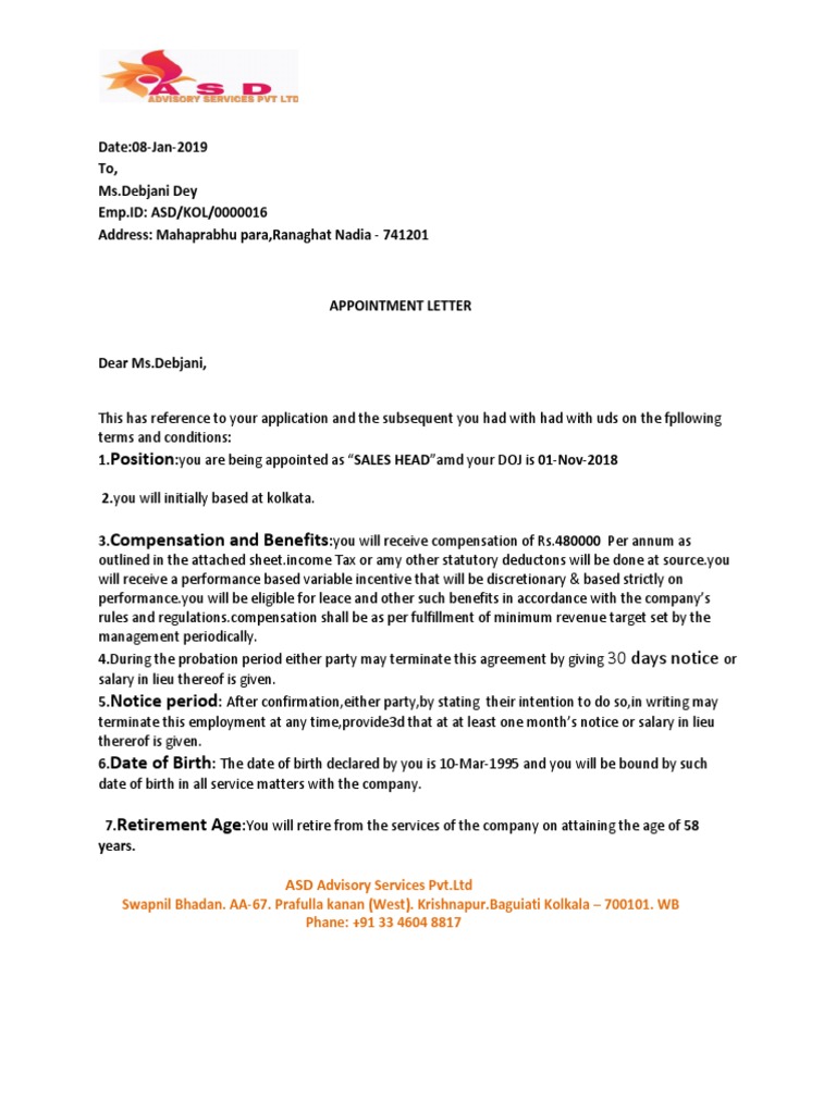 APPOINTMENT LETTER.docx | Common Law | Politics