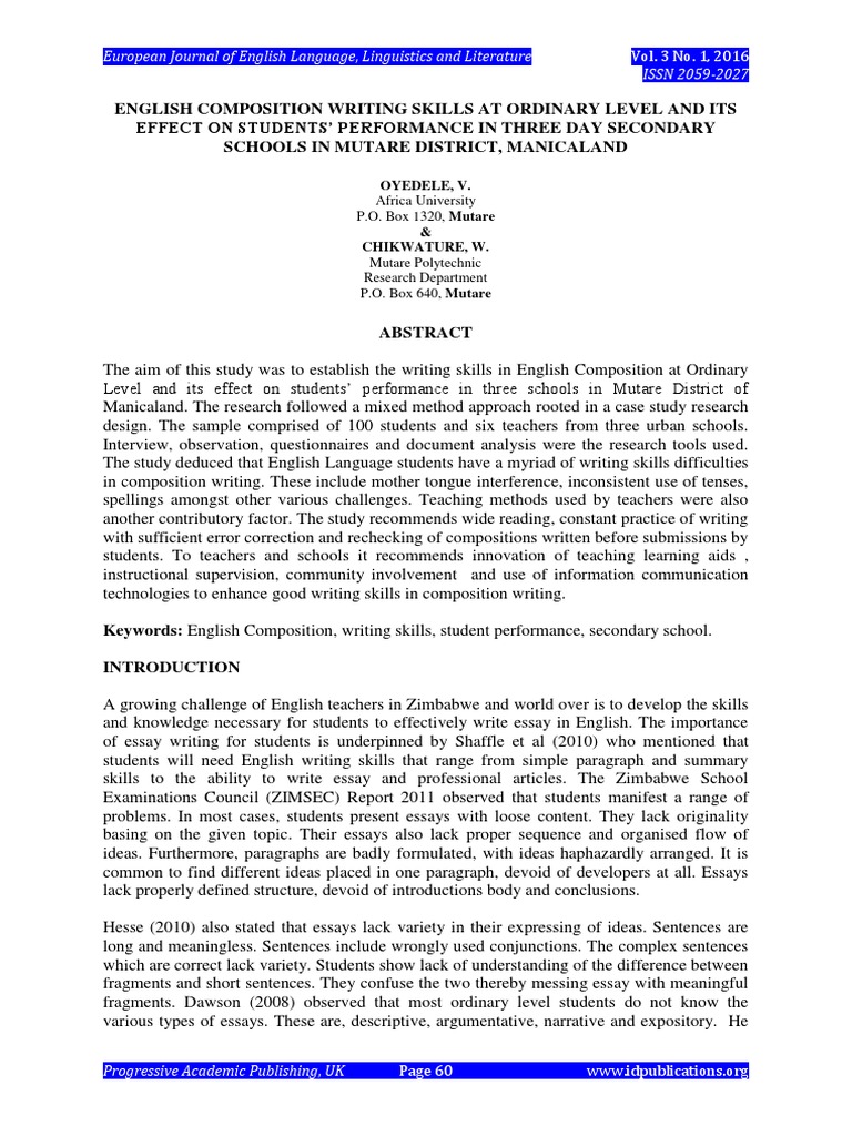 Analysis Of English Composition Writing Skills And Student Performance