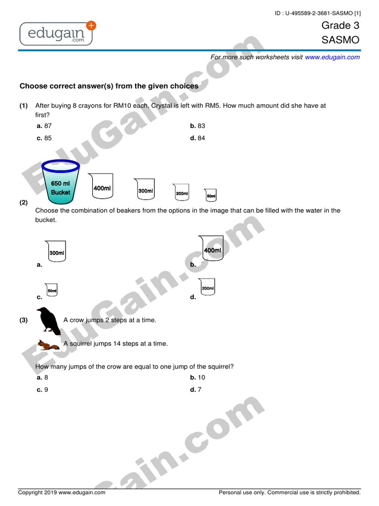 Grade 3 Sasmo: Choose Correct Answer(s) From The Given Choices | PDF ...