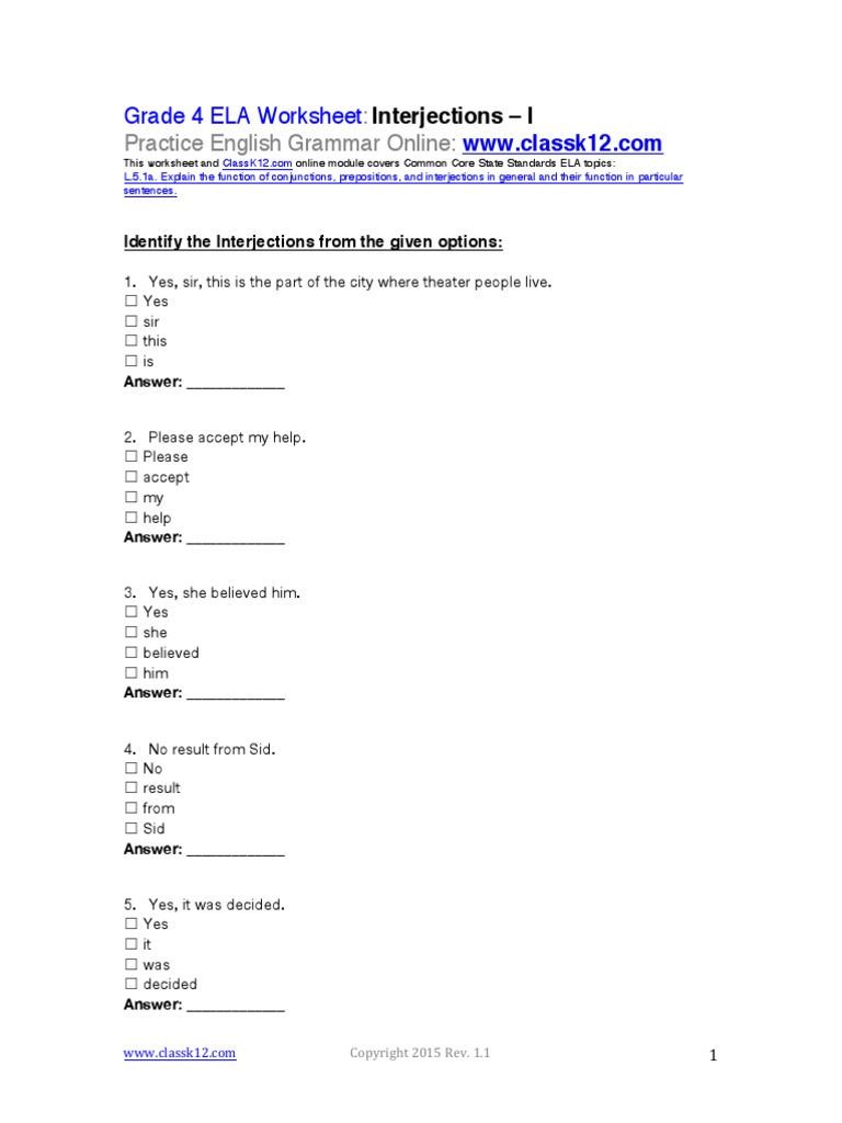 Grade 4 ELA Worksheet:: Practice English Grammar Online | PDF