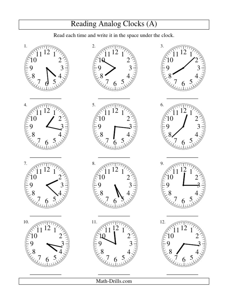Reading Analog Clocks (A) : Read Each Time and Write It in The Space ...