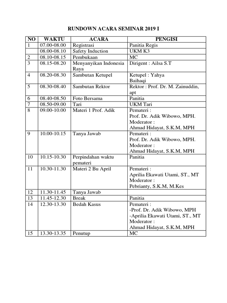 Rundown Acara Seminar 2019 I NO Waktu Acara Pengisi | PDF