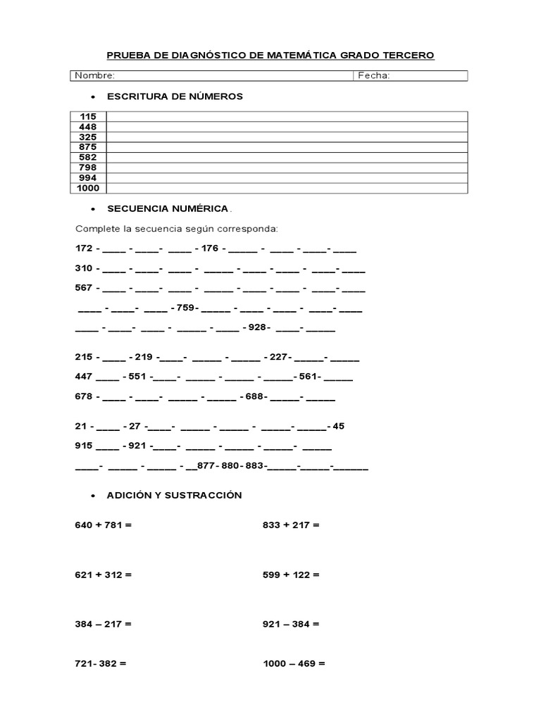Prueba Diagnóstica Matemáticas 3er Grado | PDF | Notación Matemática ...