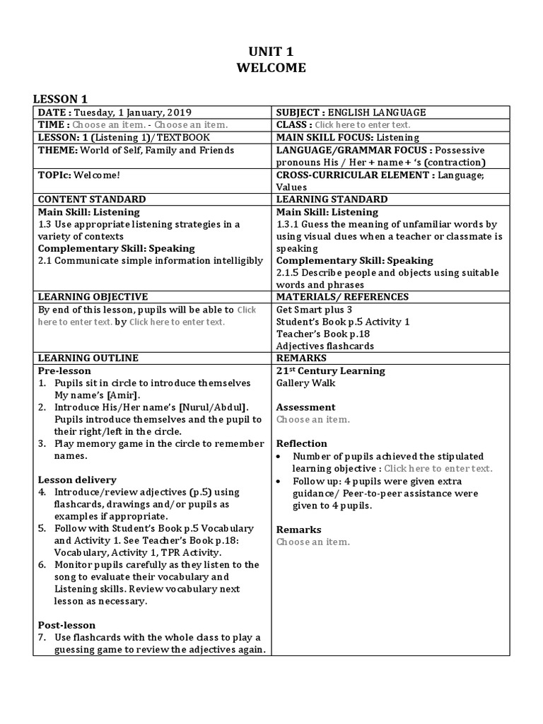 LP Year 3 2019 - Unit 1 | PDF | Vocabulary | Teachers