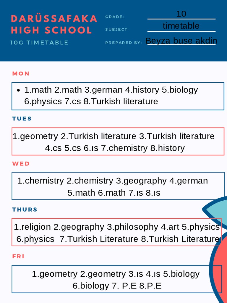 10th Grade Class Schedule | PDF