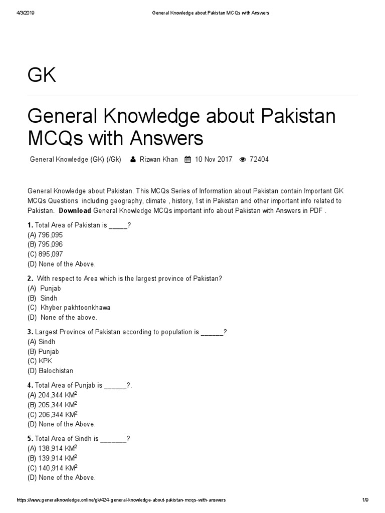 General Knowledge About Pakistan MCQs With Answers454 PDF | PDF | Pakistan | Muhammad Ali Jinnah
