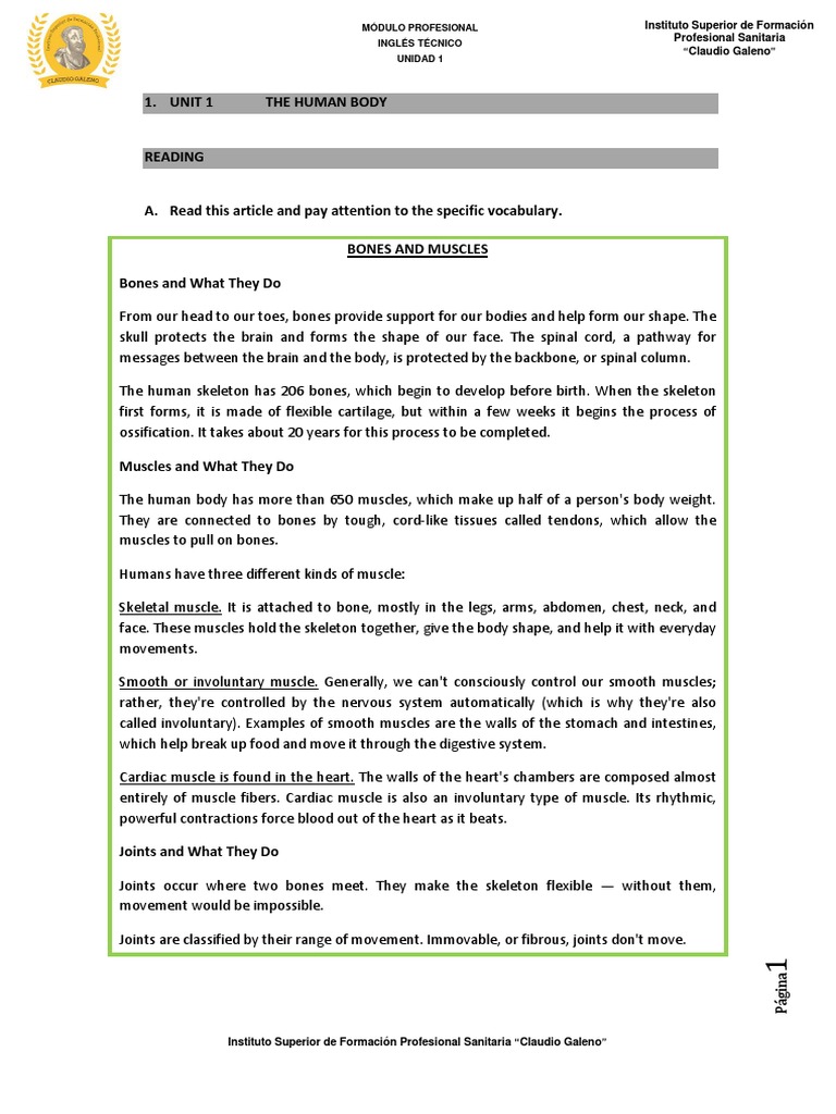 Unit 1 The Human Body | PDF | Human Body | Skeleton