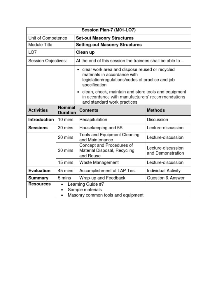 Session Plan Masonry Sample | PDF