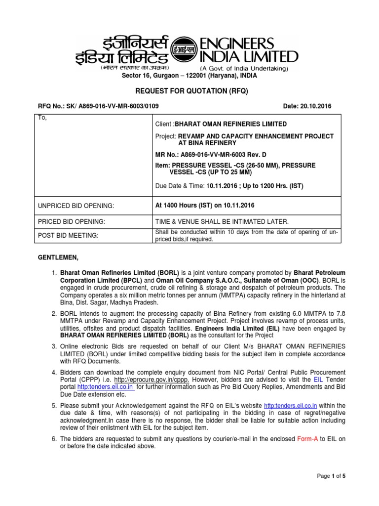 Request For Quotation (RFQ) : Form-A | PDF | Oil Refinery | Business