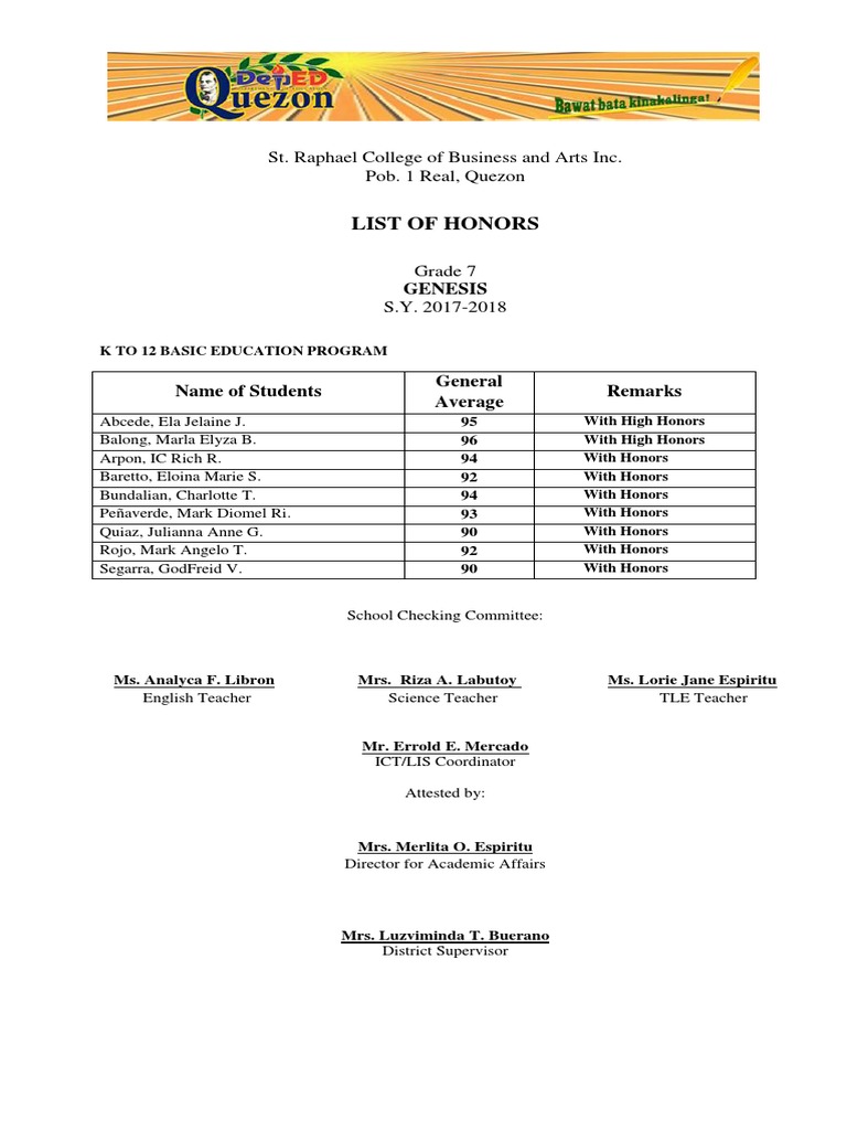 Grade 7 Honors List 2017-2018 | PDF