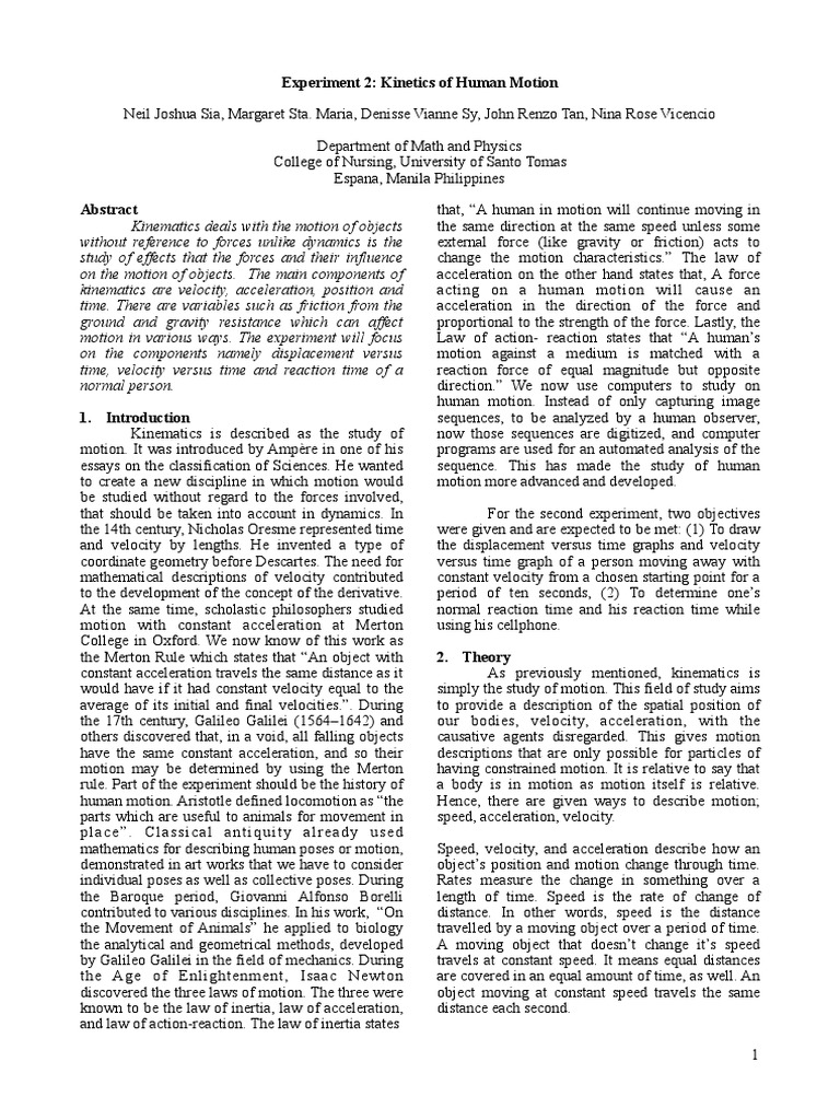 Experiment 2: Kinetics of Human Motion | PDF | Velocity | Acceleration