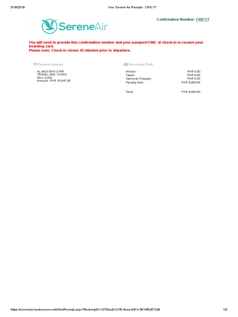 Your Serene Air Receipt - CRICY7 PDF | PDF | Identity Document | Baggage