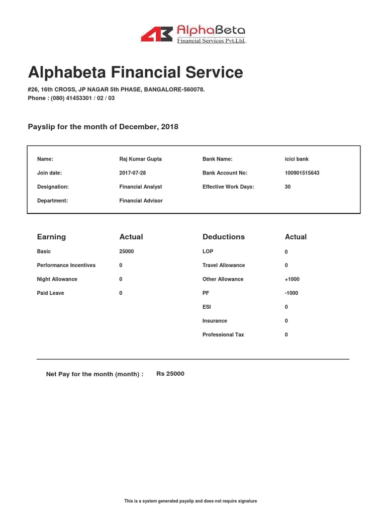Alphabeta Financial Service: Payslip For The Month of December, 2018 | PDF