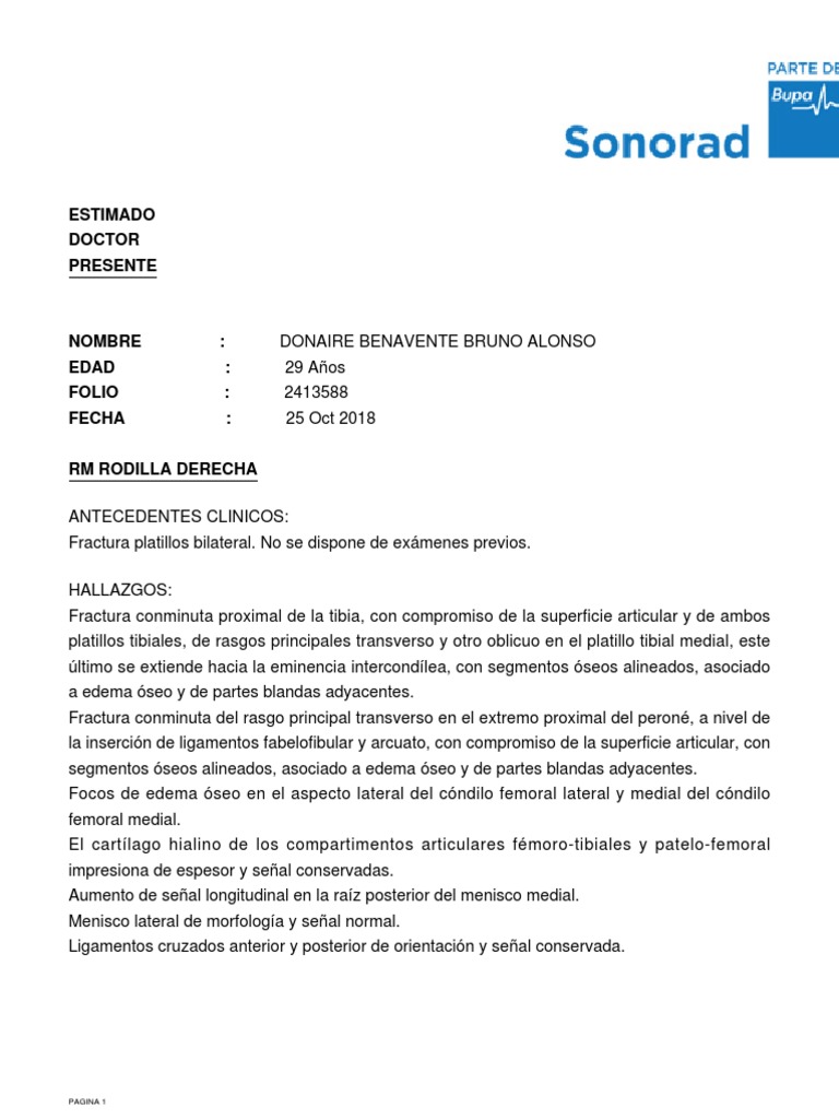 Informe Diagnostico | PDF | Rodilla | Articulaciones