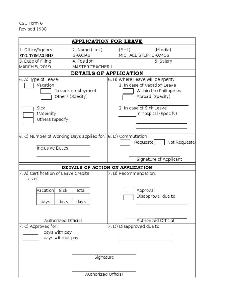 Application For Leave: Sto. Tomas Nhs | PDF